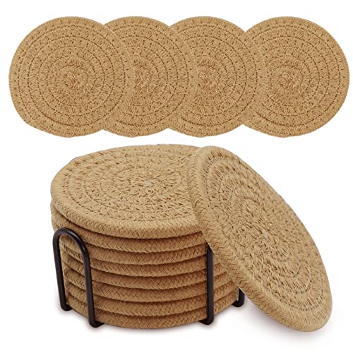 Coomin Coasters with Holder, 8pcs Absorbent Coasters for Drinks, Cotton Woven Farmhouse Coasters for Coffee Table, Suitable for Home Decor, Housewarming Gifts and Kinds of Cups