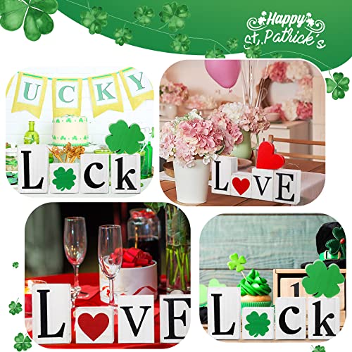 Glenmal 6 Pieces St. Patrick's Day Table Clover Signs Set Farmhouse St. Patrick's Day Wood Sign Double Side Four Leaf Clover Heart Block Wooden Luck Tiered Tray Decor for Kitchen Mantle Office Decor