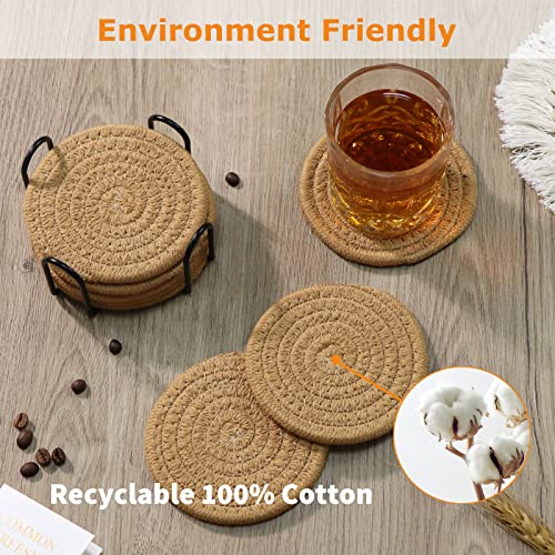 Coomin Coasters with Holder, 8pcs Absorbent Coasters for Drinks, Cotton Woven Farmhouse Coasters for Coffee Table, Suitable for Home Decor, Housewarming Gifts and Kinds of Cups