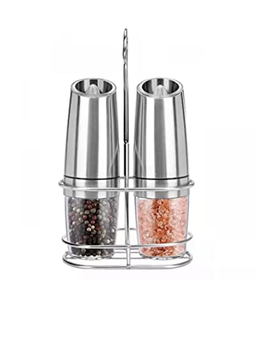Gravity Electric Salt and Pepper Grinder Set, Battery operated, Stainless Steel, Adjustable Coarseness, LED light, One Hand Automatic Operation, 2 pack