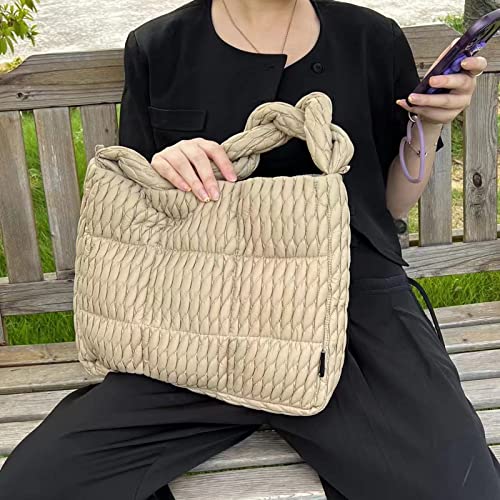 Knoted Trendy quilted tote bag | padded cassette shoulder handbags for women | Puffer Bag Padded bags(Khaki)