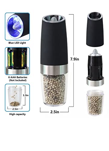 Gravity Electric Salt and Pepper Grinder Set, Battery operated, Stainless Steel, Adjustable Coarseness, LED light, One Hand Automatic Operation, 2 pack
