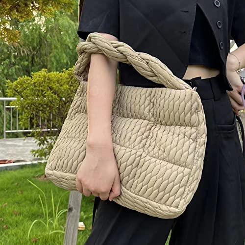 Knoted Trendy quilted tote bag | padded cassette shoulder handbags for women | Puffer Bag Padded bags(Khaki)