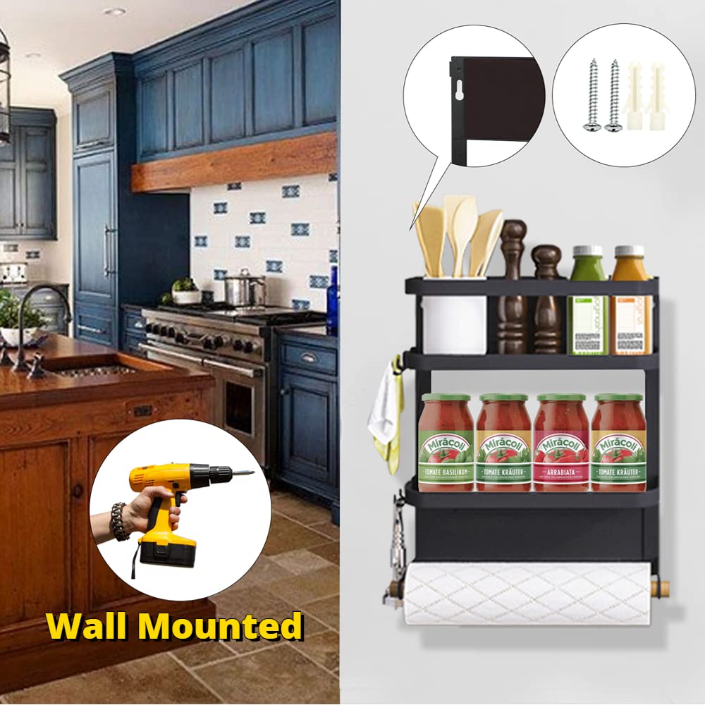 Vodoco Magnetic Spice Rack, Refrigerator Organizer Kitchen Storage 2-Tier Magnetic Shelf Magnetic Paper Towel Holder Spices Organizer Wall Storage Kitchen Storage Rack - Black