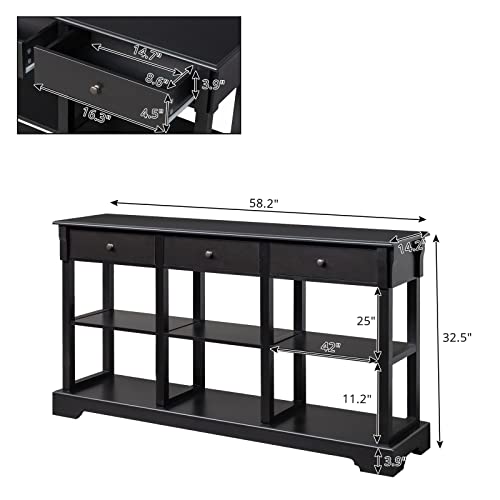 Karl home Console Table with 3 Drawers, Entryway Desk Sofa Side Table with 6 Bottom Cube Storage Shelves, Vintage TV Stand for Hallway Living Room Office, Black 32.5" H