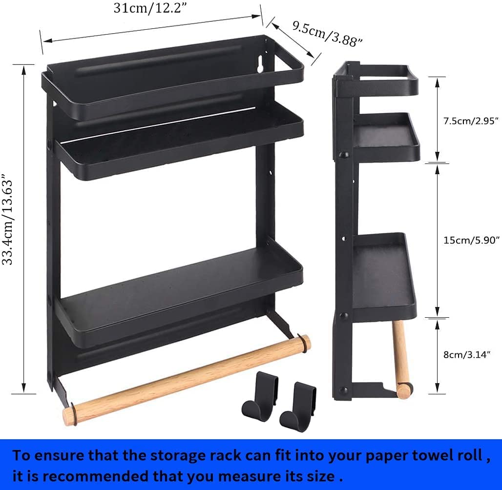 Vodoco Magnetic Spice Rack, Refrigerator Organizer Kitchen Storage 2-Tier Magnetic Shelf Magnetic Paper Towel Holder Spices Organizer Wall Storage Kitchen Storage Rack - Black