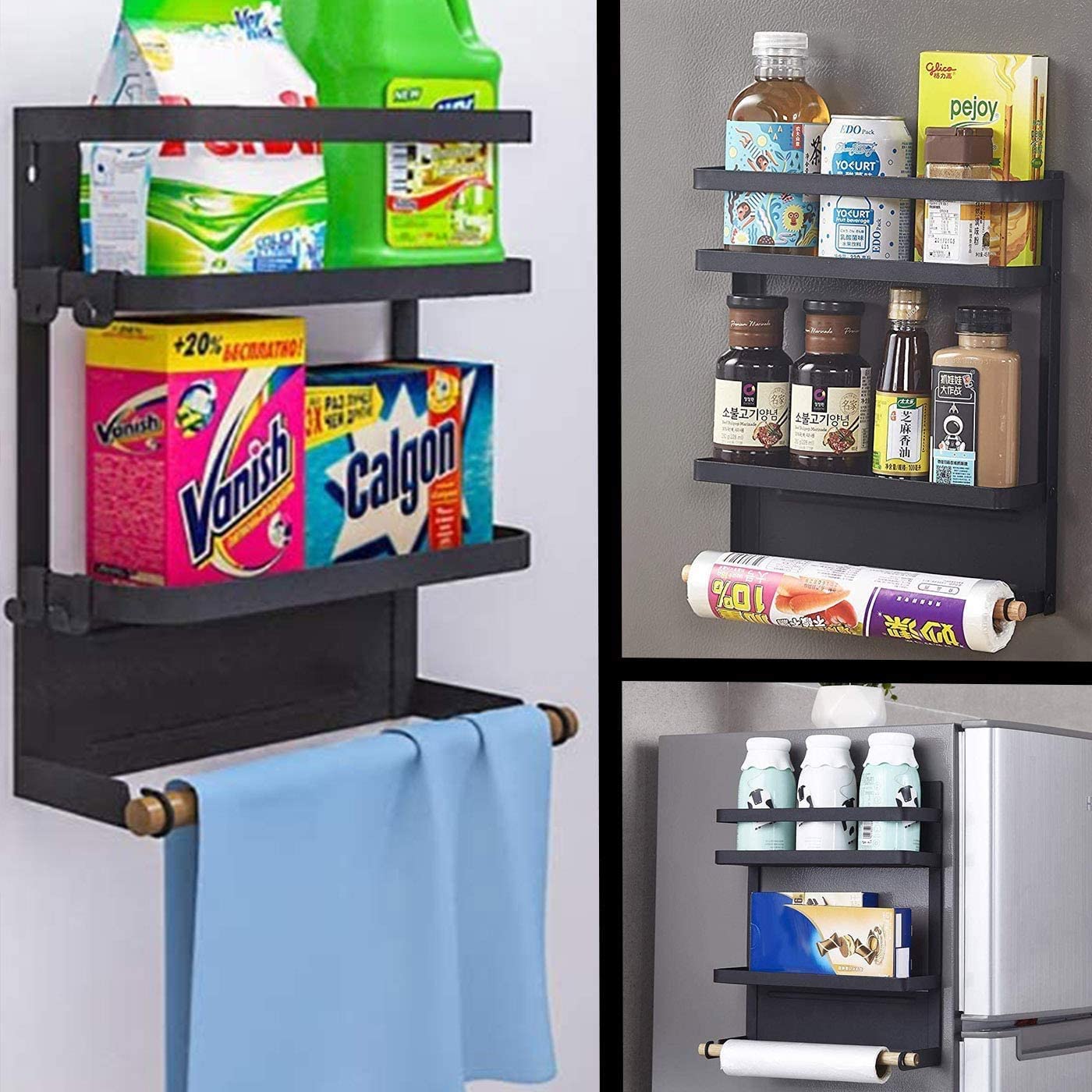 Vodoco Magnetic Spice Rack, Refrigerator Organizer Kitchen Storage 2-Tier Magnetic Shelf Magnetic Paper Towel Holder Spices Organizer Wall Storage Kitchen Storage Rack - Black
