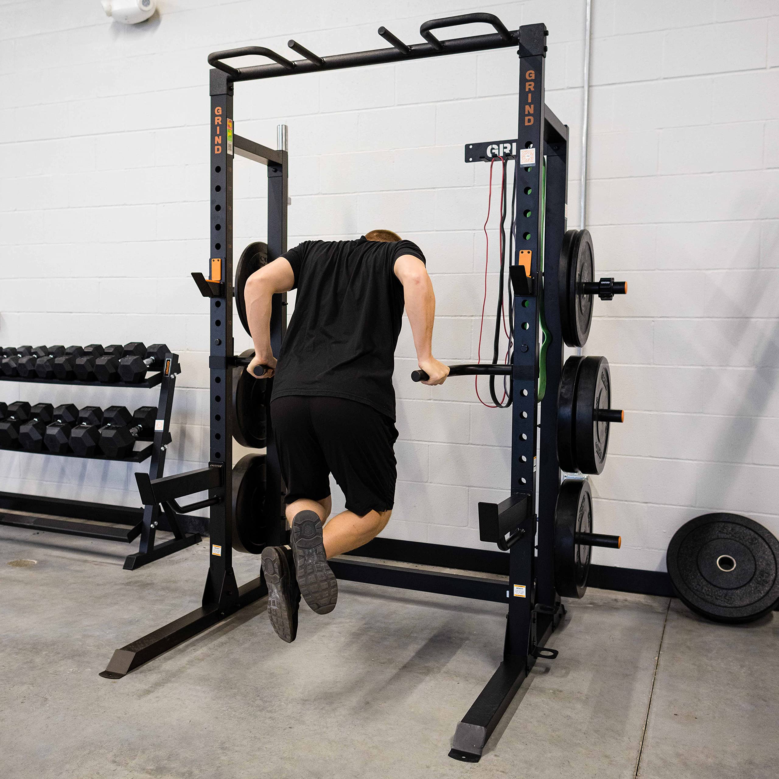 GRIND Fitness Chaos4000 Half Rack Dip Station Handles for Squat Racks Angled Dip Bar Attachments Tube Power Cage Black J-Cup Adjustable Strength Training