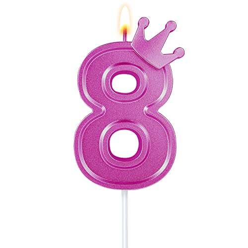 3inch Birthday Number Candle, 3D Candle Cake Topper with Crown Cake Numeral Candles Number Candles for Birthday Anniversary Parties (Rose Pink, 8)