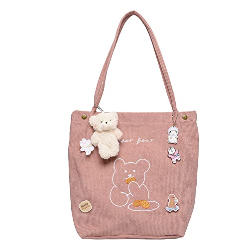 Women Corduroy Shoulder Bag Cute Bear Canvas Tote Bag Large Corduroy Hobo Bag Casual Shoulder Handbag for Work School Travel (Pink)