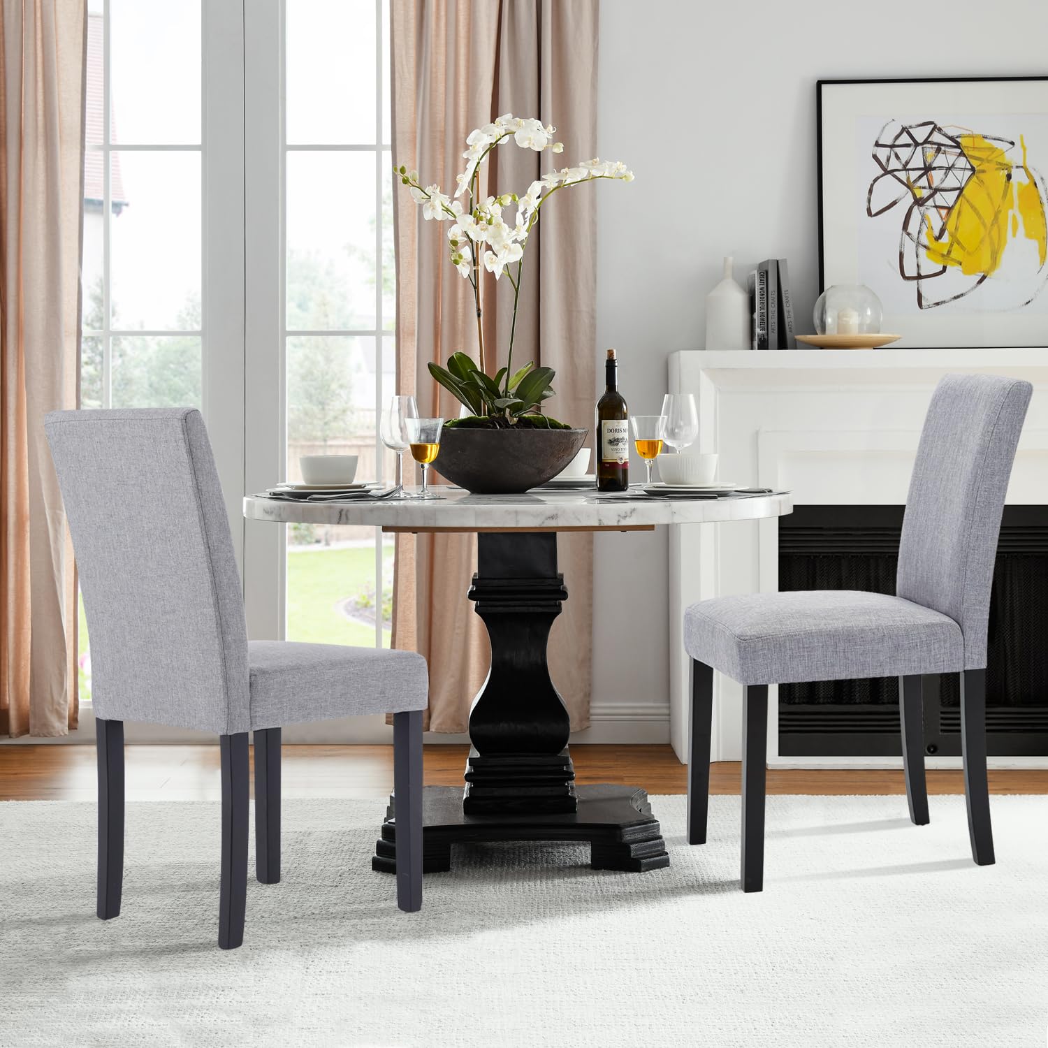Zanzio Set of 2 Dining, Upholstered Fabric Side Chair Ergonomic High Back Armless with Wood Legs and Padded Seat, Light Gray