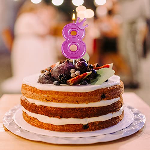 3inch Birthday Number Candle, 3D Candle Cake Topper with Crown Cake Numeral Candles Number Candles for Birthday Anniversary Parties (Rose Pink, 8)