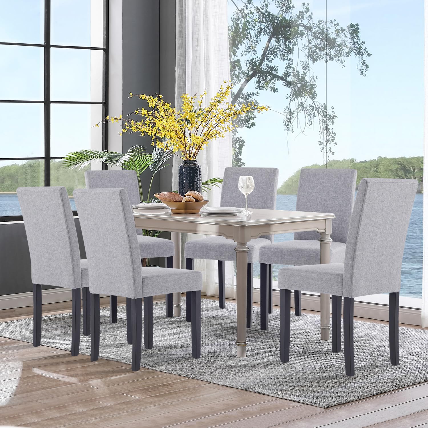 Zanzio Set of 2 Dining, Upholstered Fabric Side Chair Ergonomic High Back Armless with Wood Legs and Padded Seat, Light Gray