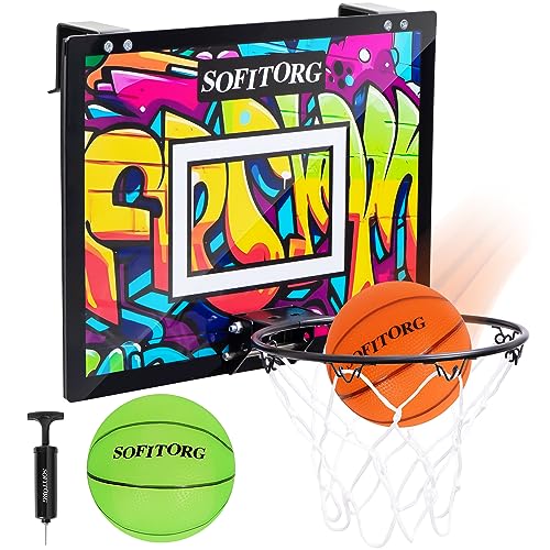 SOFITORG Mini Basketball Hoop Indoor - Over The Door Basketball Hoop with Foldable Flex Rim - Wall Mount Basketball Hoop Set with 2 Balls - Small Hoop Toy for Kids Teens Adults