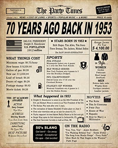 70th Birthday Decorations for Women or Men, Classy Vintage Table Decor, 70th Birthday Gifts for women, Funny 70 Birthday Sign for Him or Her, Back in 1953 Print (8 x 10, UNFRAMED)