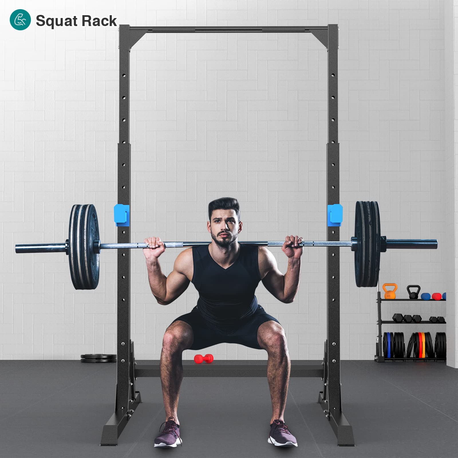 ULTRA FUEGO Adjustable Squat Rack Power Cage with Pull up Bar, Power Rack Weight Lifting Home Gym Power Zone J-Hooks W/Rubber Padding (SQAUT Rack)