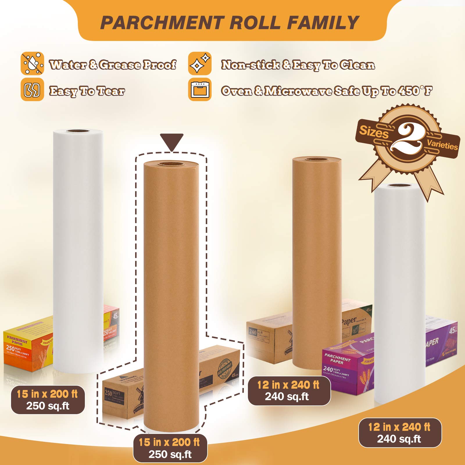 Unbleached Parchment Paper for Baking, 15 in x 200 ft, 250 Sq.Ft, Baking Paper, Non-Stick Parchment Paper Roll for Baking, Cooking, Grilling, Air Fryer and Steaming