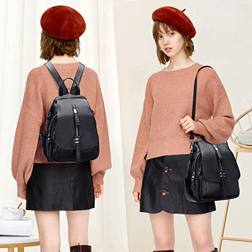 Roxie Genuine Leather Backpack Purse Medium Size Casual Daypack Fashion Satchel Convertible Shoulder Bag for Women Black 12 Inch