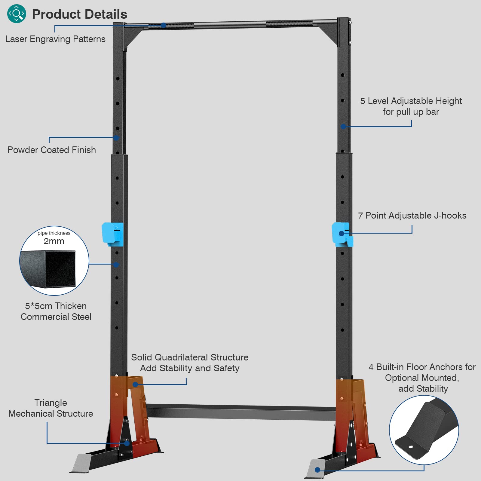 ULTRA FUEGO Adjustable Squat Rack Power Cage with Pull up Bar, Power Rack Weight Lifting Home Gym Power Zone J-Hooks W/Rubber Padding (SQAUT Rack)