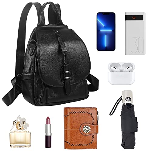 Roxie Genuine Leather Backpack Purse Medium Size Casual Daypack Fashion Satchel Convertible Shoulder Bag for Women Black 12 Inch