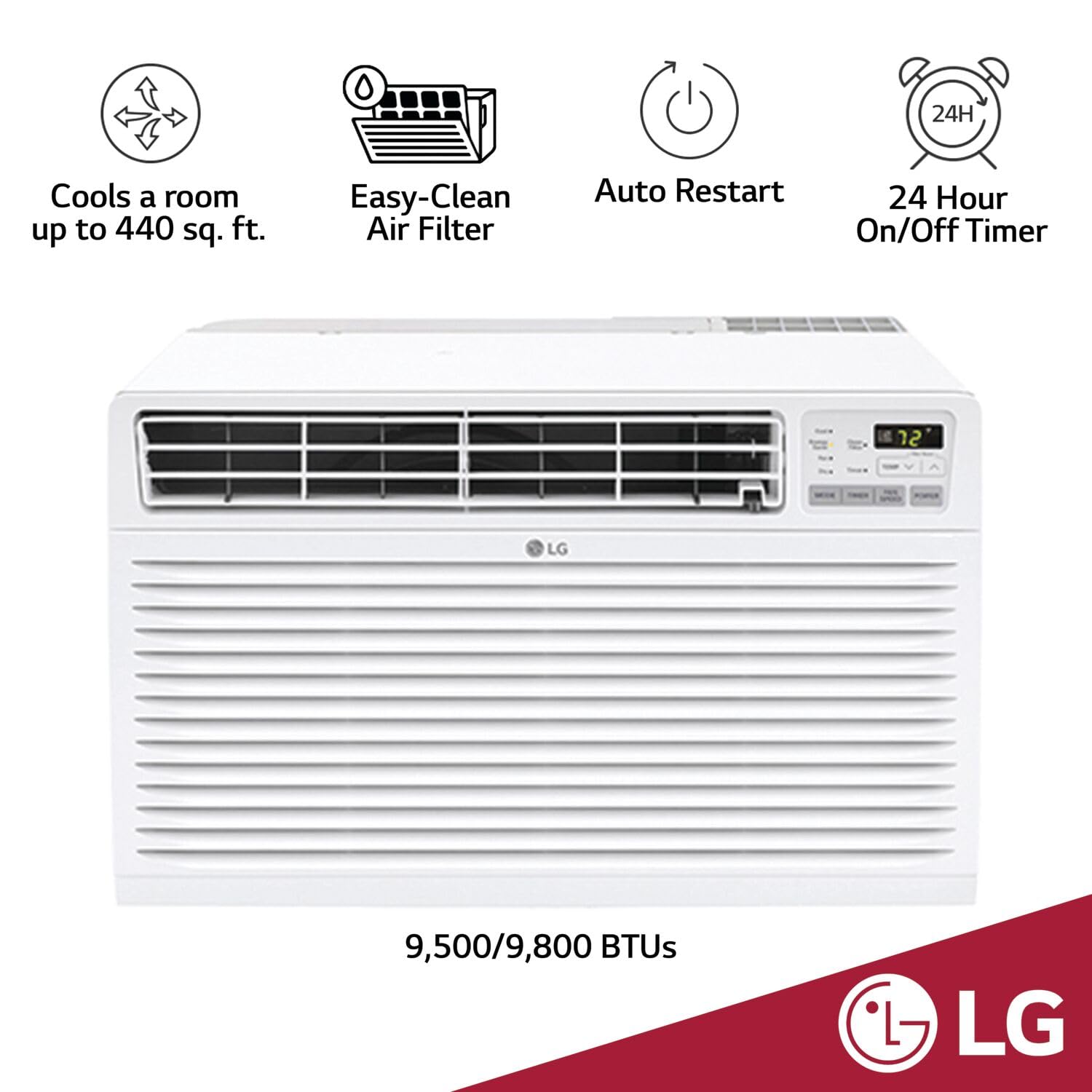 LG 9,800 BTU Through the Wall Air Conditioner, 230/208V, Cools up to 440 Sq. Ft. for Bedroom, Living Room, Apartment,, with Remote, 3 Cool & Fan Speeds, Wall AC Unit, White