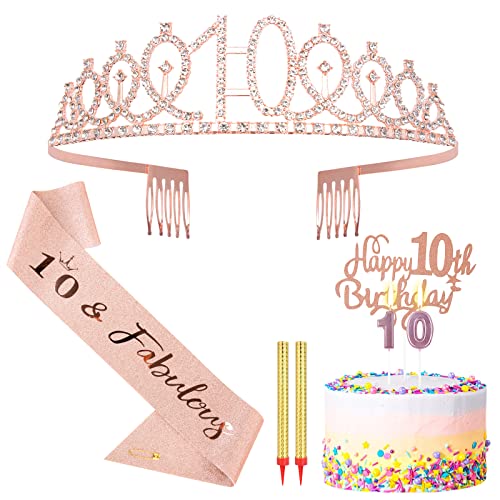 10th Birthday Decorations Gifts for Girls, 10th Birthday Crown/Tiara and 10 Birthday Sash, Cake Toppers Birthday Candle, Rose Gold 10 Birthday Decorations Party Accessories for Her
