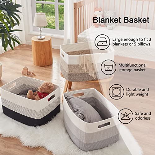 OIAHOMY Large Blanket Basket, Rectangle Woven Baskets for Storage, Nursery Cotton Rope Basket Living Room, Toy Basket For Organizing, Large Baskets With Handle-22”x17”x12”-Gradient Yellow