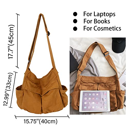 KlaOYer Canvas Messenger Bag Large Hobo Bag School Crossbody Shoulder Bag Tote Bag with Pocket for Women and Men (Green)