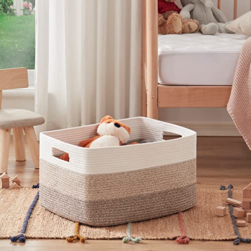 OIAHOMY Large Blanket Basket, Rectangle Woven Baskets for Storage, Nursery Cotton Rope Basket Living Room, Toy Basket For Organizing, Large Baskets With Handle-22”x17”x12”-Gradient Yellow