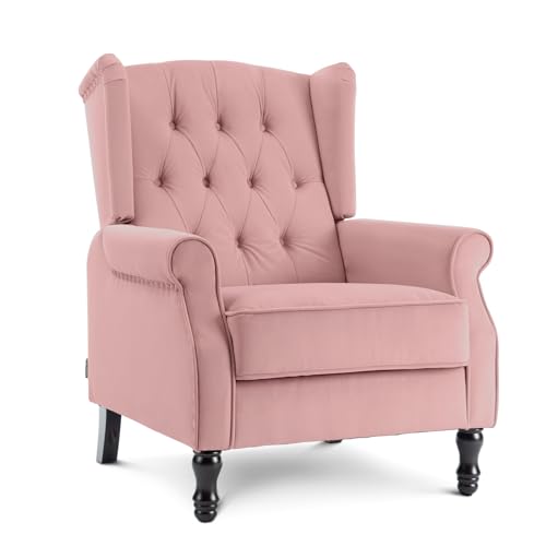 Artechworks Winged Fabric Modern Accent Chair Tufted Arm Club Chair Linen Single Sofa with Wooden Legs Comfy Upholstered for Reading Living Room Bedroom Office, Pink
