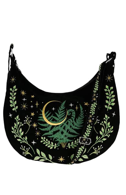 Restyle Herbal Hobo Bag Crescent Moon Stars Fern Leaf Witchy Gothic Embroidered