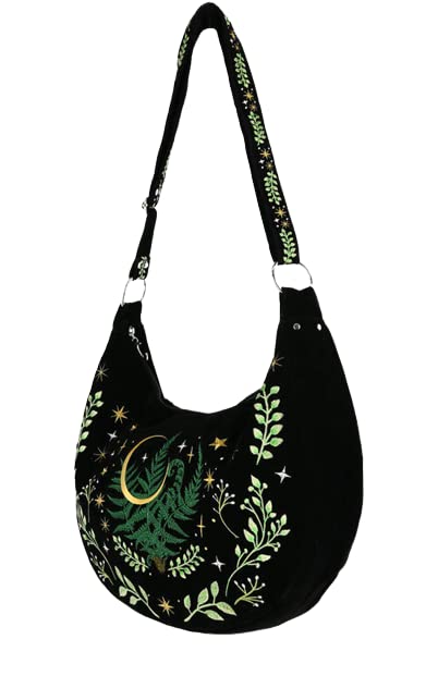 Restyle Herbal Hobo Bag Crescent Moon Stars Fern Leaf Witchy Gothic Embroidered