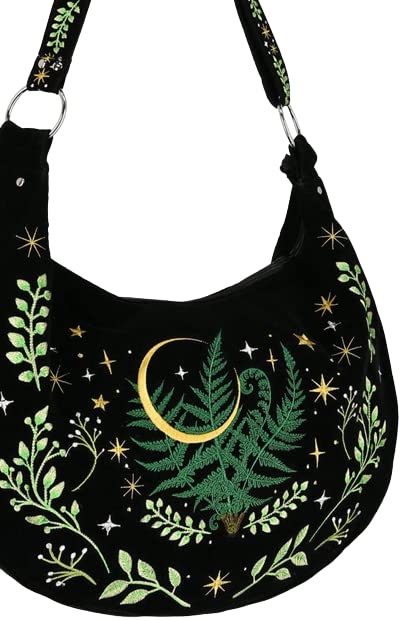 Restyle Herbal Hobo Bag Crescent Moon Stars Fern Leaf Witchy Gothic Embroidered