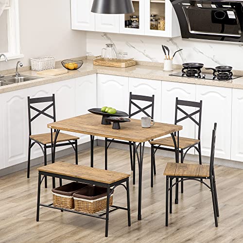 HOMCOM Industrial Dining Table Set for 6 People, 6 Piece Kitchen Table and Chairs Set, Dinner Table with Bench, Steel Frame and Storage Shelf, Dinette Set, Rustic Brown
