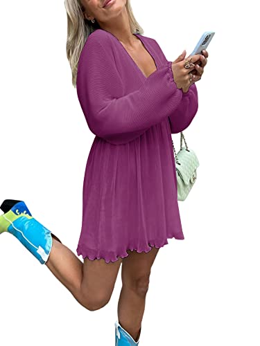 LYANER Women's Sexy Plunging V Neck Pleated Balloon Long Sleeve Short Mini Dress Solid Purple XX-Large