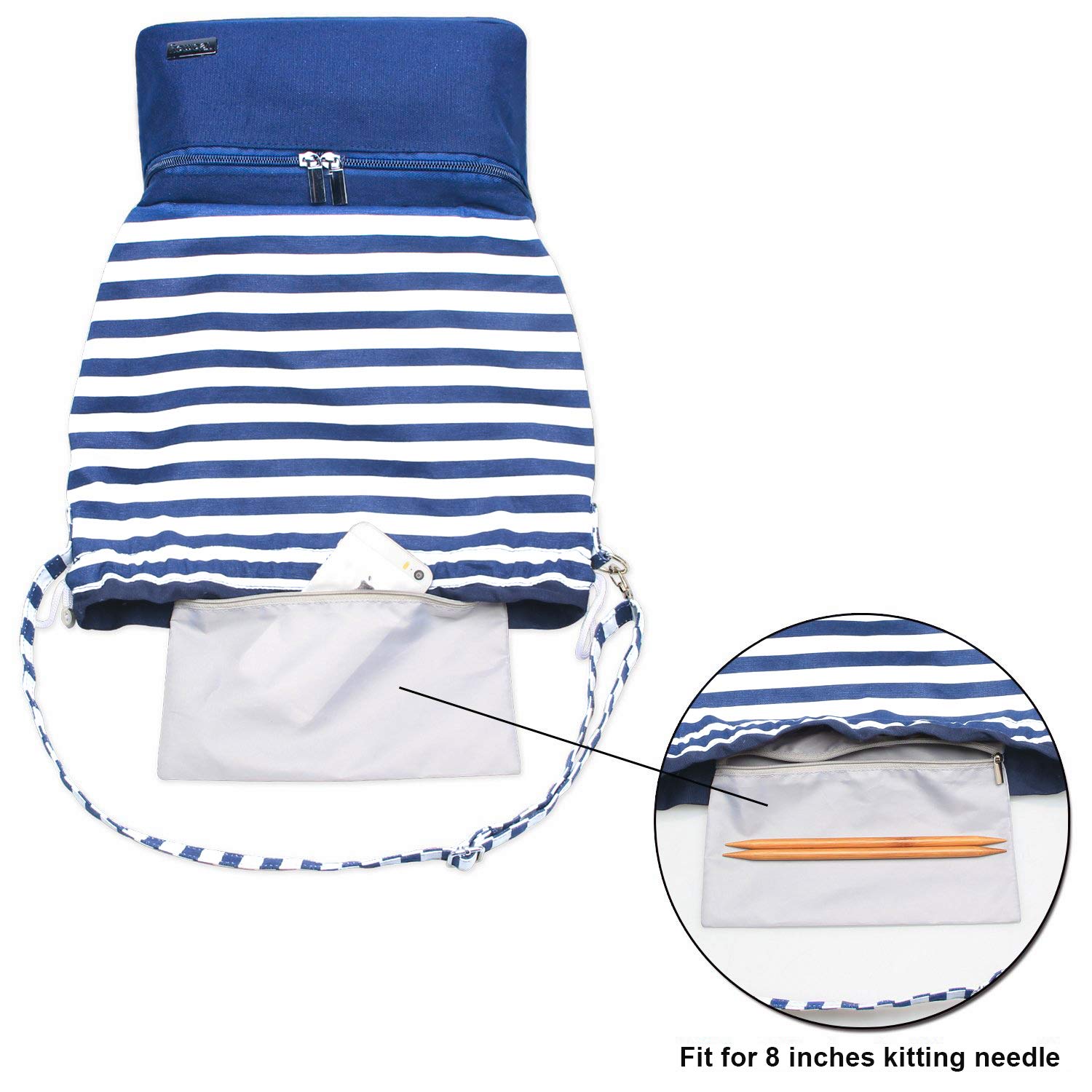 Teamoy Drawstring Yarn Bag, Knitting Tote Bag for Yarn, Unfinished Project, Knitting Needles and Accessories, Blue Strips (No Accessories Included)