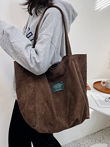 WDIRARA Women's Corduroy Totes Bag Shoulder Handbags Letter Print Shopping Shoulder Bag Brown