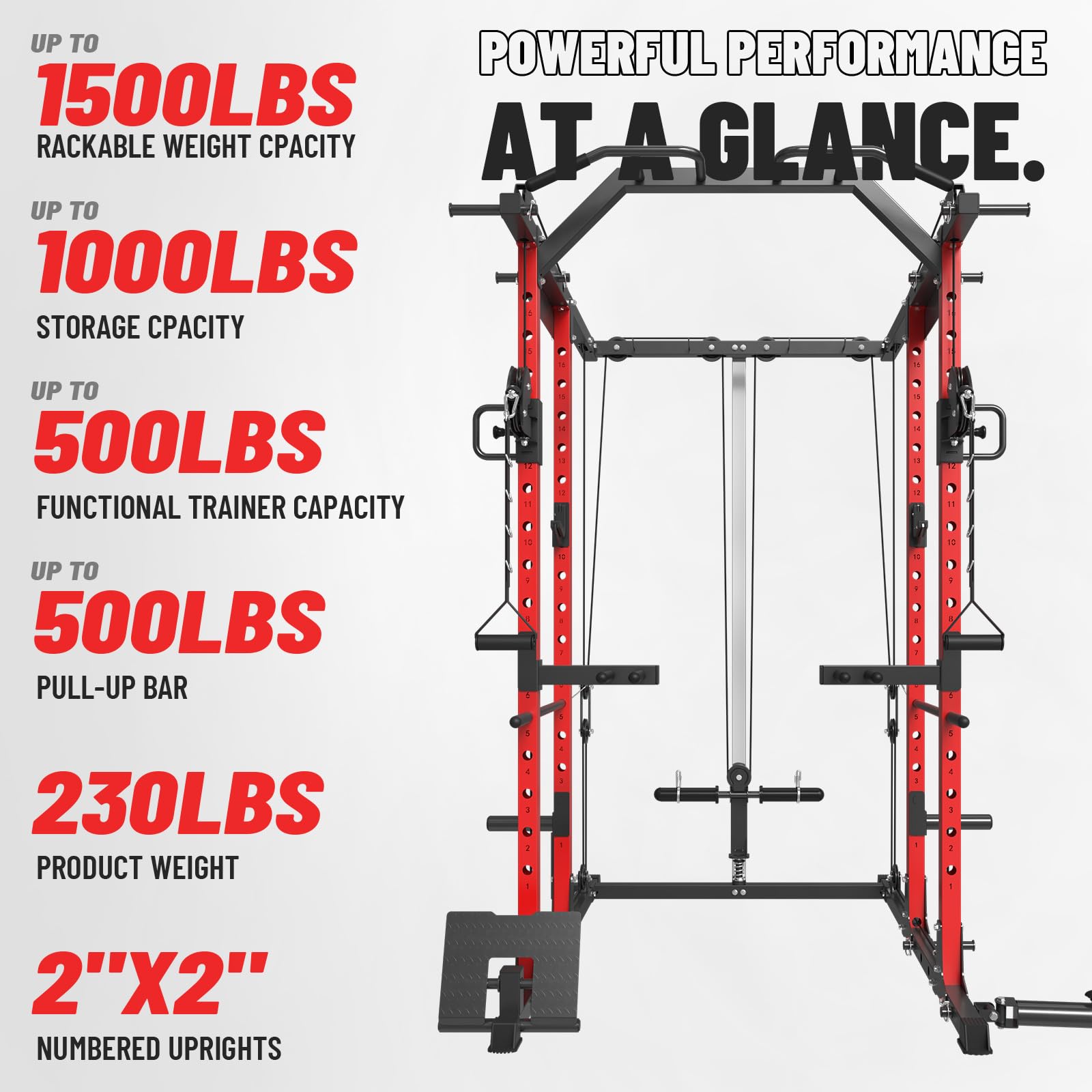 Mikolo Power Cage Power Rack with Cable Crossover System, 1500LBS Squat Rack,with LAT Pull Down System, Home Gym Packages with Weight Bench, Olympic Barbell Weight Set-Red