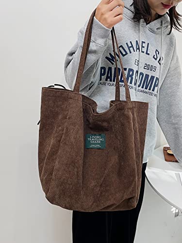 WDIRARA Women's Corduroy Totes Bag Shoulder Handbags Letter Print Shopping Shoulder Bag Brown
