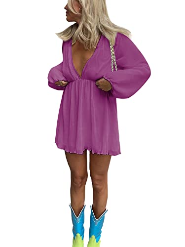 LYANER Women's Sexy Plunging V Neck Pleated Balloon Long Sleeve Short Mini Dress Solid Purple XX-Large