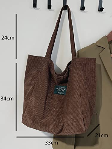 WDIRARA Women's Corduroy Totes Bag Shoulder Handbags Letter Print Shopping Shoulder Bag Brown