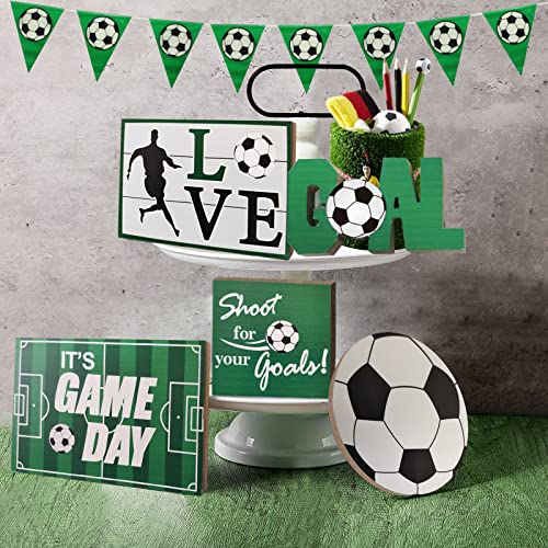 5 Pcs Soccer Decorations Farmhouse Soccer Tiered Tray Decor Soccer Party Supplies Game Day Wooden Signs for Home Kitchen Shelf Coffee Bar Table