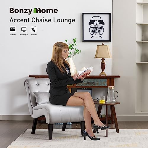 Bonzy Home Modern Accent Chairs for Bedroom Living Room Button-Tufted Velvet Reading Nook Lounge Chairs Upholstered Armless Slipper Chairs with Wooden Legs, Bright Sliver