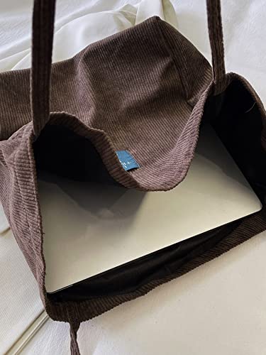 WDIRARA Women's Corduroy Totes Bag Shoulder Handbags Letter Print Shopping Shoulder Bag Brown