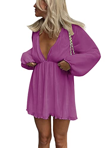 LYANER Women's Sexy Plunging V Neck Pleated Balloon Long Sleeve Short Mini Dress Solid Purple XX-Large