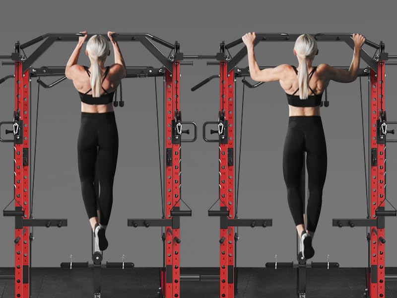 Mikolo Power Cage Power Rack with Cable Crossover System, 1500LBS Squat Rack,with LAT Pull Down System, Home Gym Packages with Weight Bench, Olympic Barbell Weight Set-Red