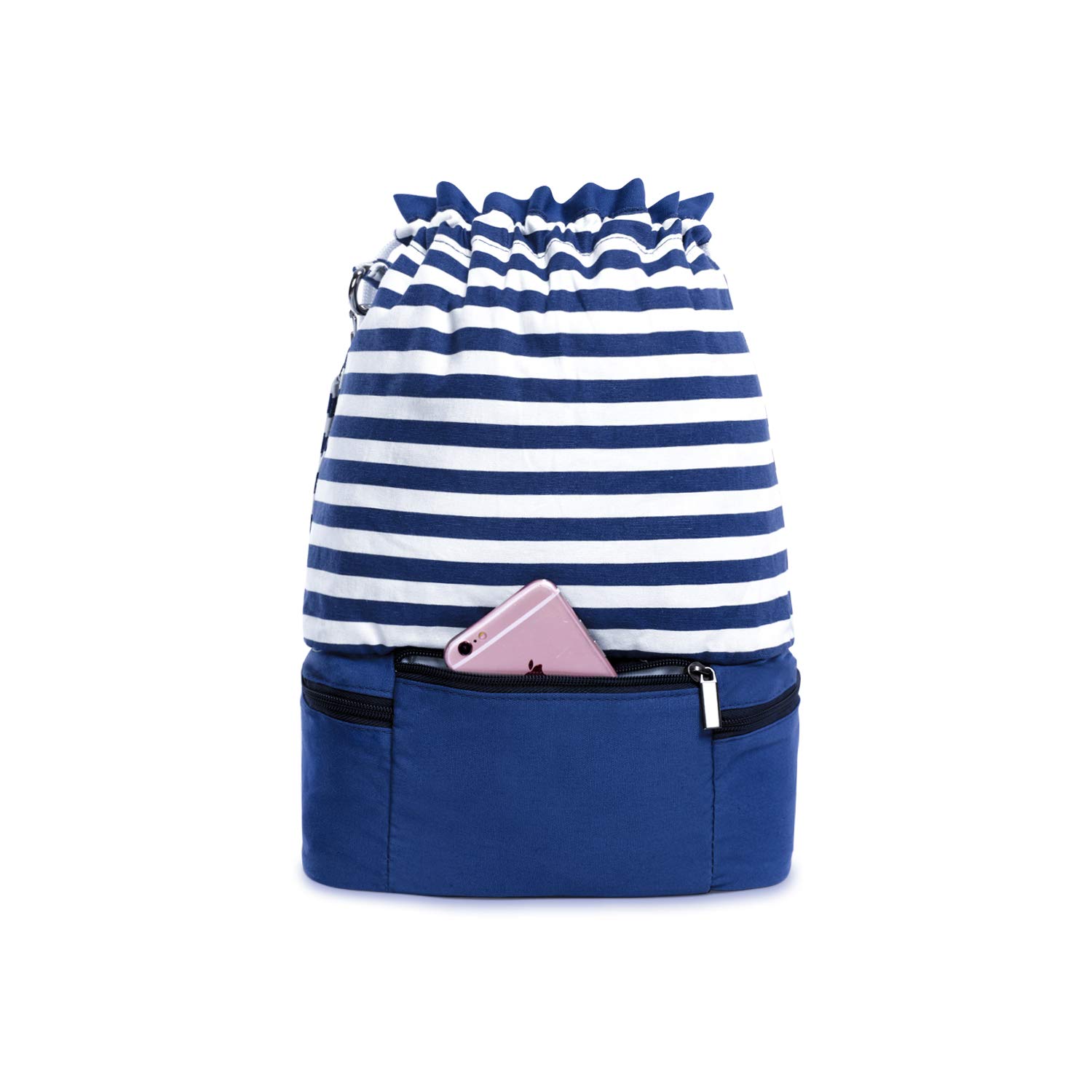 Teamoy Drawstring Yarn Bag, Knitting Tote Bag for Yarn, Unfinished Project, Knitting Needles and Accessories, Blue Strips (No Accessories Included)