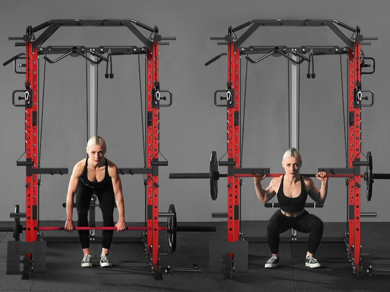 Mikolo Power Cage Power Rack with Cable Crossover System, 1500LBS Squat Rack,with LAT Pull Down System, Home Gym Packages with Weight Bench, Olympic Barbell Weight Set-Red