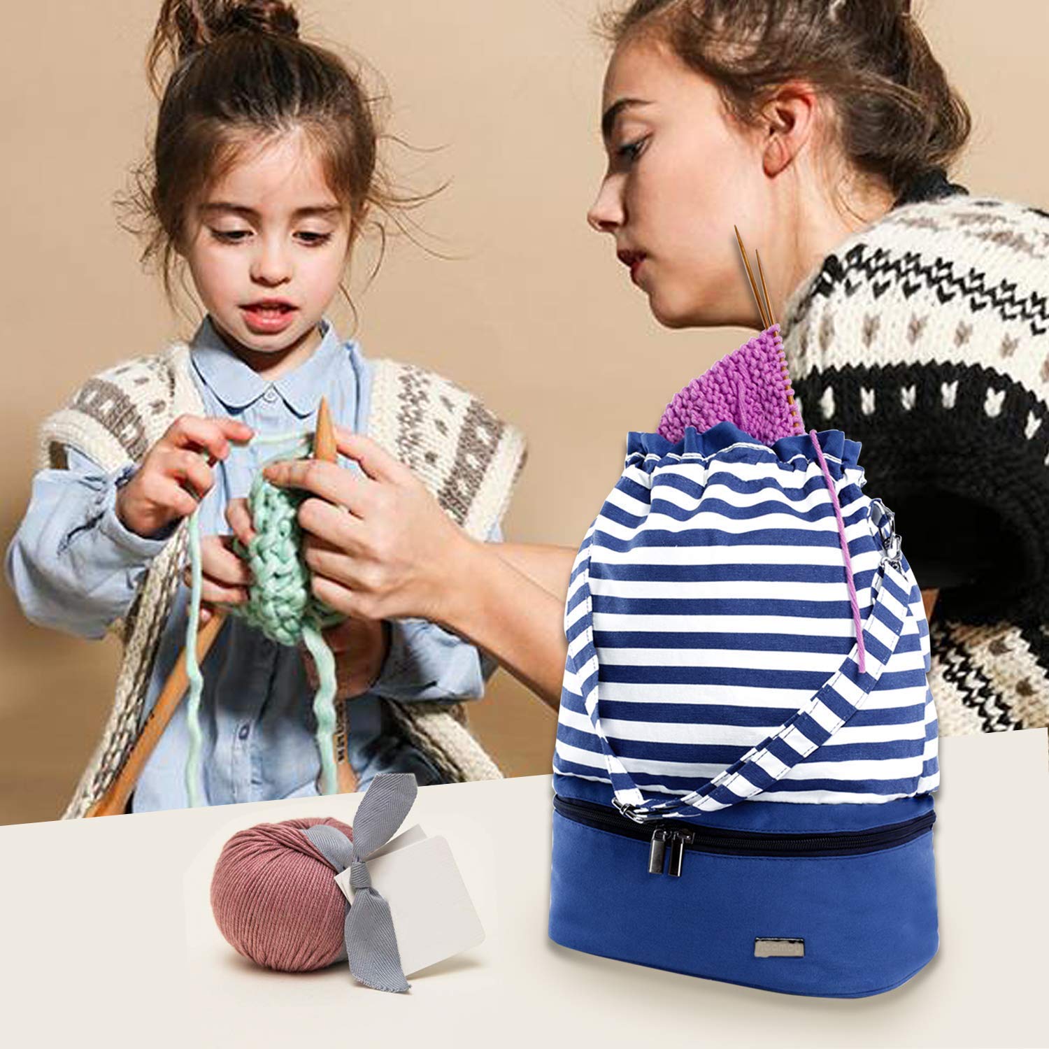 Teamoy Drawstring Yarn Bag, Knitting Tote Bag for Yarn, Unfinished Project, Knitting Needles and Accessories, Blue Strips (No Accessories Included)
