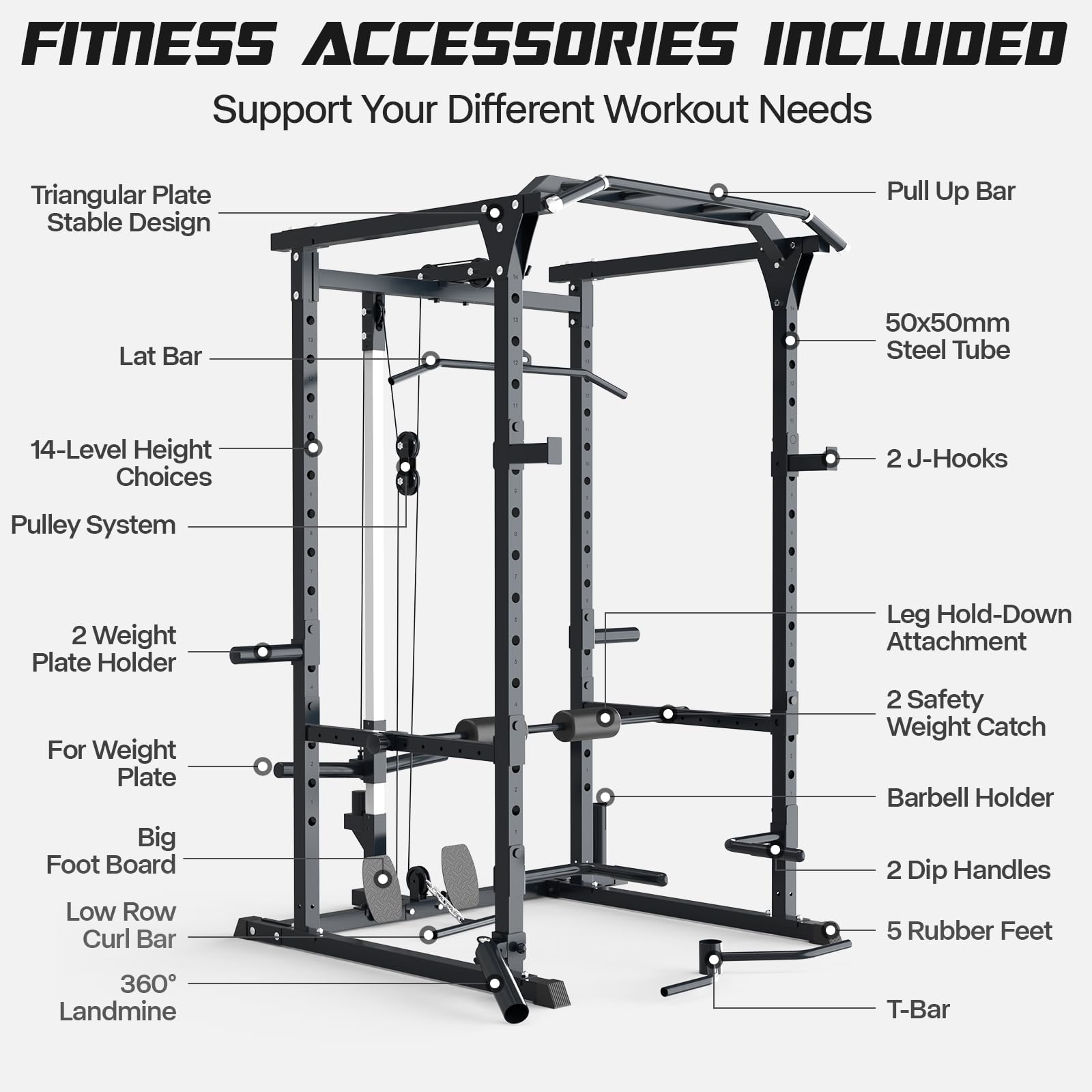 Mappding 1500 LBS Power Cage, Squat Rack for Home Gym with LAT Pullup System with 3 Grip Variation, T Bar, Leg Hold-Down Attachment, Weight Cage with More Training Attachment for Garage Workout, Black